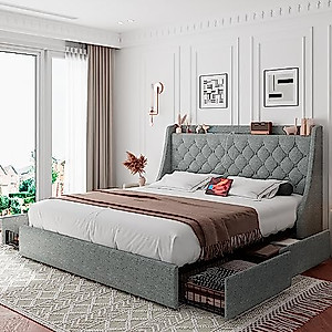 iPormis King Size Bed Frame with 4 Storage Drawers, Upholstered Platform Bed Frame with Type-C & USB Ports, Wingback Storage Headboard, Solid Wood Slats, No Box Spring Needed, Light Gray