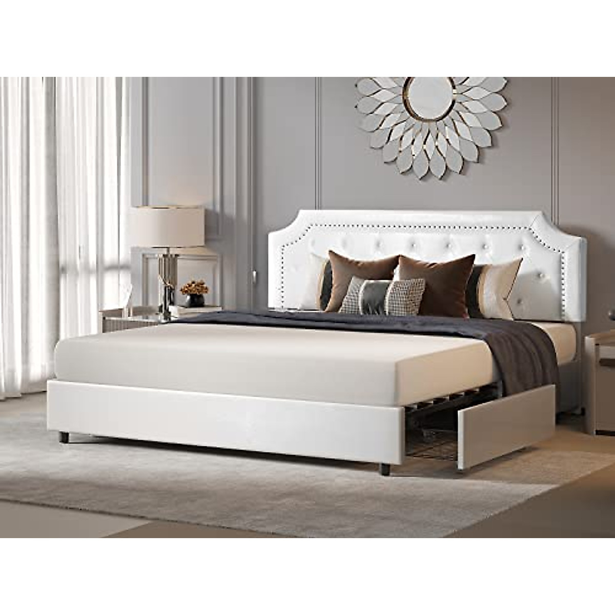 BONSOIR Queen Size Storage Bed Frame Upholstered Low Profile Traditional Platform with Tufted and Nail Headboard/4 Pull Out Drawers/White Faux Leather