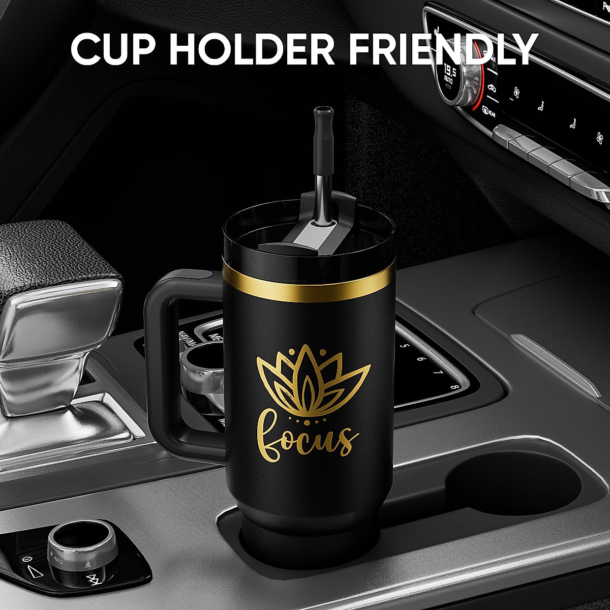 KEWIXY 40 oz Tumbler With Handle and Straw, Gloss Insulated Travel Tumbler, Fits in Cup Holder, Travel Coffee Mug with Lid, Included Leak Proof Straw Cover -Petal Focus