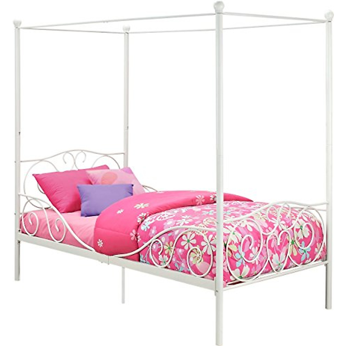 DHP Metal Canopy Kids Platform Bed with Four Poster Design, Scrollwork Headboard and Footboard, Underbed Storage Space, No Box Sring Needed, Twin, White