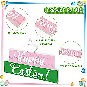 Marsui 4 Pcs Easter and Spring Decorations Reversible Happy Easter Bunny Wood Sign Watering Can Spring Home Decor Easter Wooden Block Table Decorations for Home Easter Tiered Tray Kitchen Decor