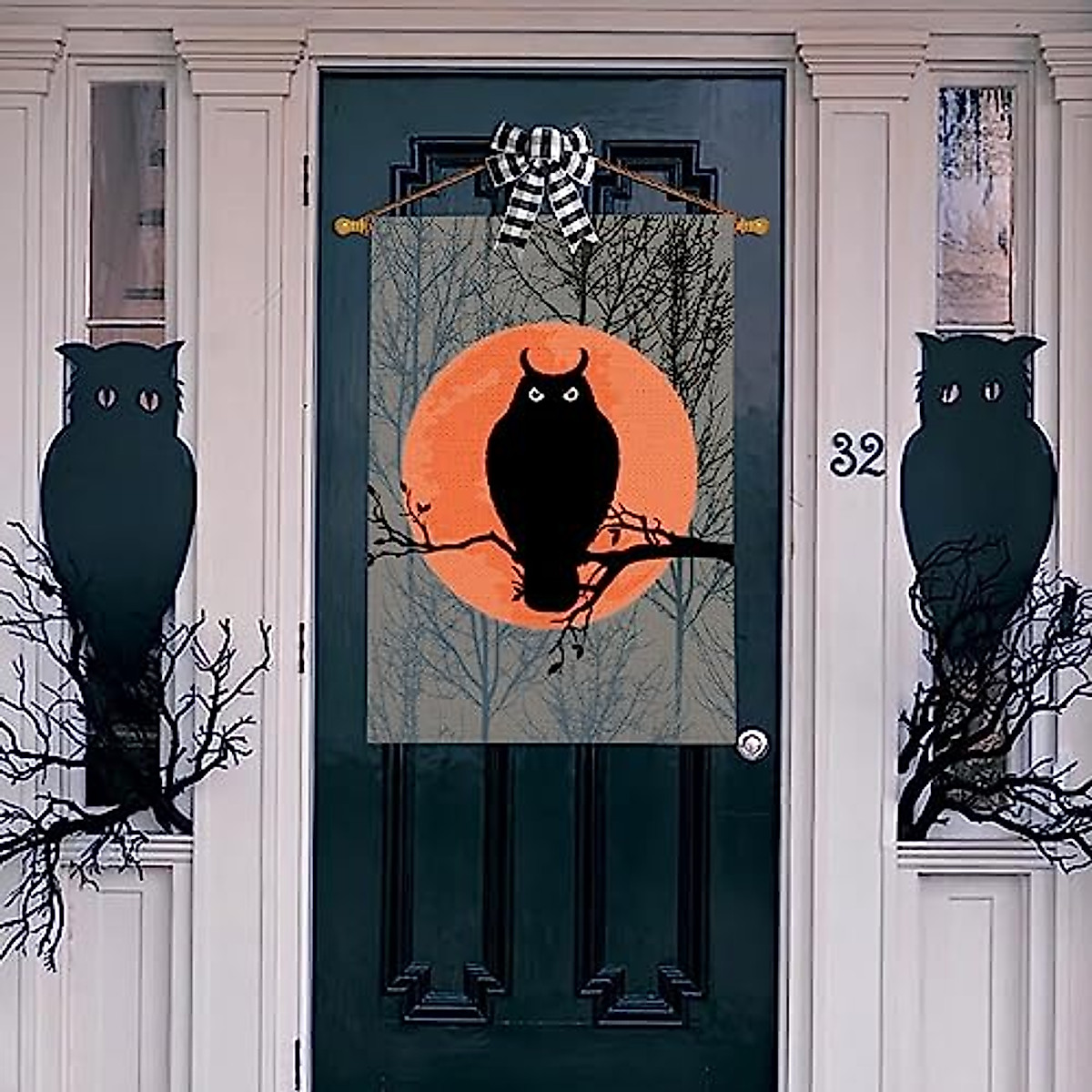 MEHOTOP Owl Halloween House Flag 28 x 40 Double Sided for Outside Large Garden Yard Flags Orange Full Moon Moonlight Burlap Vertical Banner Seasons Decor for Outdoor Lawn Holiday Wall Door Decoration