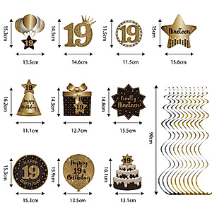 Happy 19th Birthday Party Hanging Swirls Streams Ceiling Decorations, Celebration 19 Foil Hanging Swirls with Cutouts for 19 Years Old Black and Gold Birthday Party Decorations Supplies