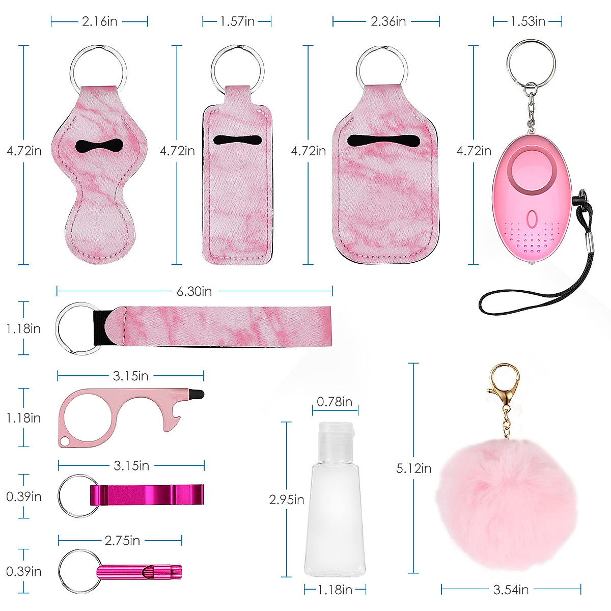 Safety Keychain Set for Women and Kids, 10 Pcs Safety Keychain Accessories, Self Defense Keychain Set for Girls with Safe Sound Personal Alarm, No Touch Door Opener, Whistle and Pom, Pink