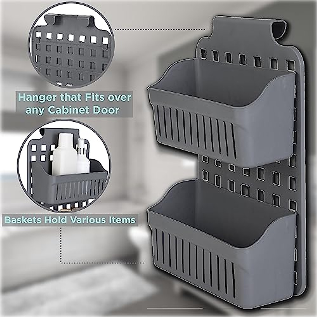 Simplify 2 Tier Over the Cabinet Caddy| Dimensions: 14"x 8"x 4"| Adjustable Shelves | Home Organization | Baskets Hold | Bottles | Cans | Cleaning Products | Hair Tools | Cabinet Storage | Grey