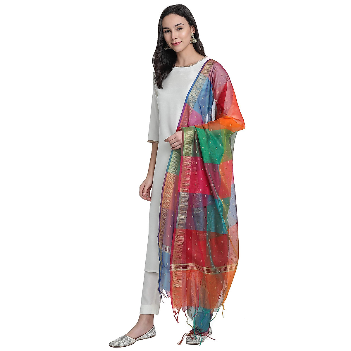 Janasya Indian Women's Off-White Poly Silk Kurta With Pant And Dupatta(SET268-KR-NP-XL)