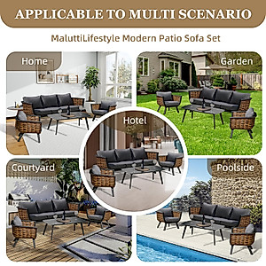 MaluttiLifestyle 5 Piece Patio Outdoor/Indoor Furniture Set, Outdoor Sectional Sofa with Weather-Resistant Cushions and Aluminum Coffee Table, All-Weather Textilene Conversation Set, Black