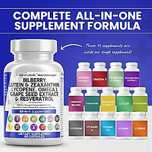 Eye Health Vitamins with Bilberry 6000mg Lutein & Zeaxanthin 40mg Lycopene 40mg Resveratrol 3000mg Grape Seed Extract 6000mg Omega 3 4000mg Astaxanthin - Eye Vitamin - 60 Capsules