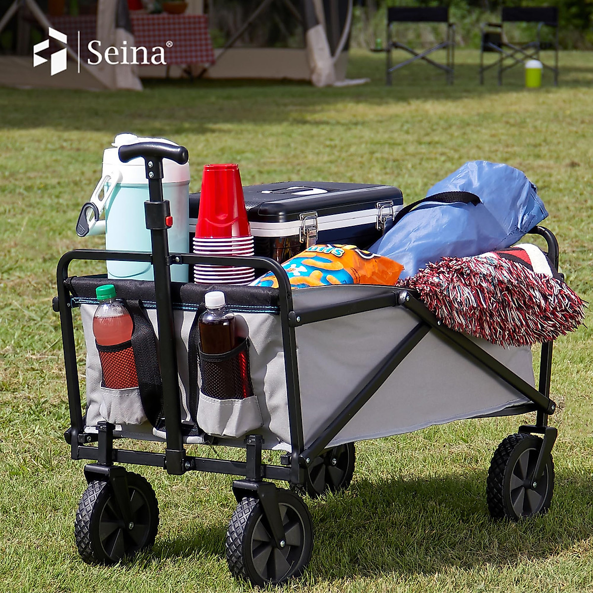 Seina Heavy Duty Steel Compact Collapsible Folding Outdoor Portable Utility Cart Wagon w/All Terrain Rubber Wheels and 150 Pound Capacity, Gray/Black