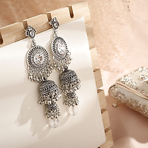 YERTTER Indian Bells Earrings Silver Bohemian Crystal Layered Bells Earrings Tassel Earrings Vintage Bollywood Jhumka Jhumki Tassel Dangle Ethnic Style Statement Earrings Gift for Women（Style 5）