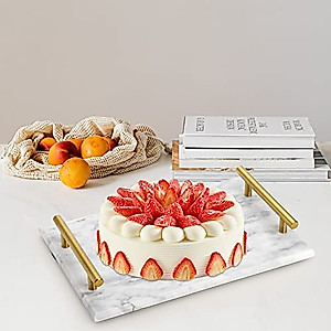 DEAYOU Marble Tray with Gold Handles, White Marble Stone Decorative Tray, 12" Nightstand Serving Tray with Metal Handle, Catchall Key Perfume Tray Pastry Food Board for Vanity, Coffee Table, Desk