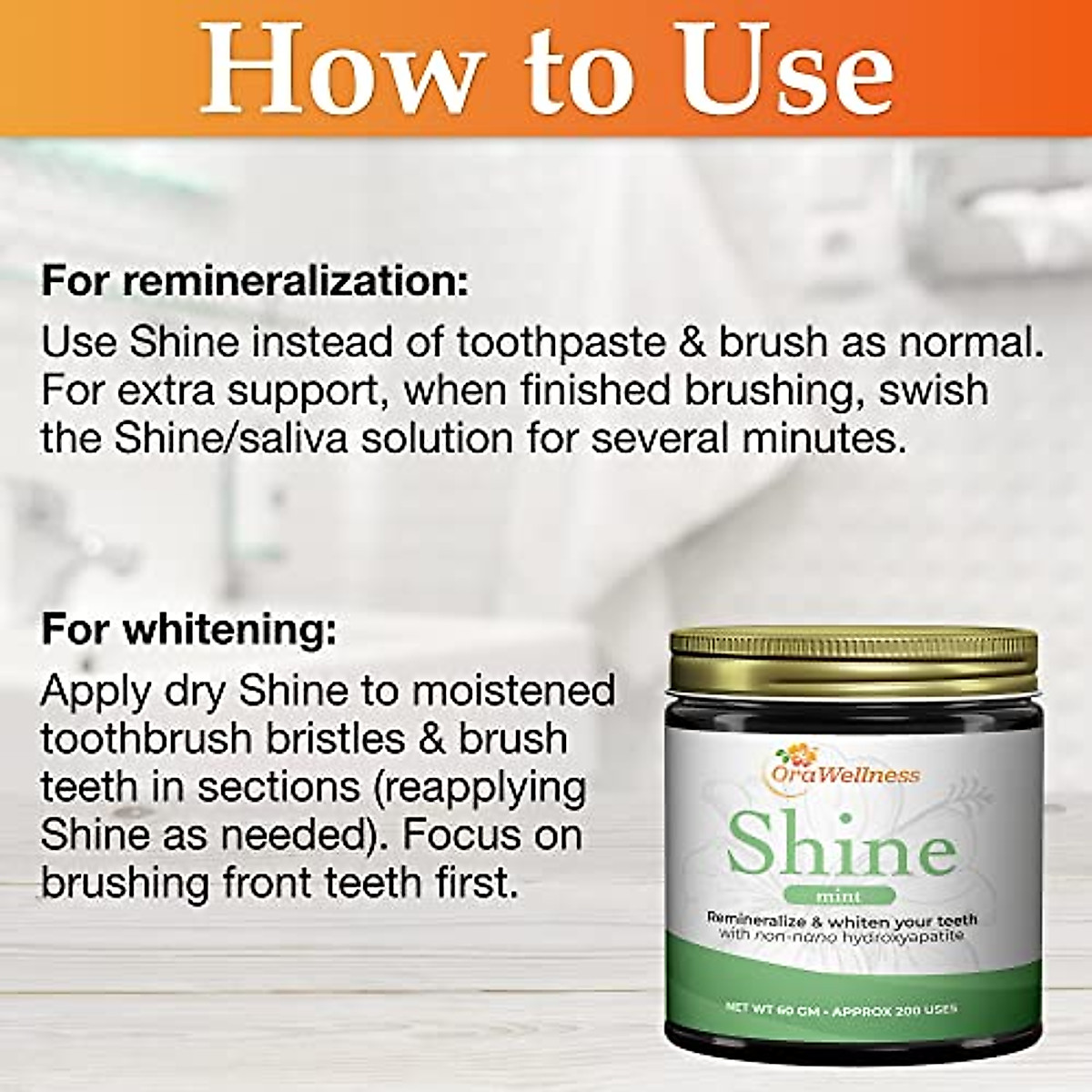 OraWellness Shine Remineralizing Tooth Powder with Hydroxyapatite, Natural Teeth Whitening Powder, Tooth Stain Remover and Polisher, Fresh Mint