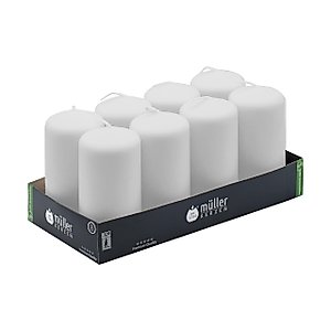 Müller Unscented Pillar Candles - Set of 6 White Candles in Bulk - 2.24 x 4.72 Inch - 32 Hours Long Burning Decorative Candles - Dripless Wax - Smokeless Wick - RAL Quality - Made in Germany