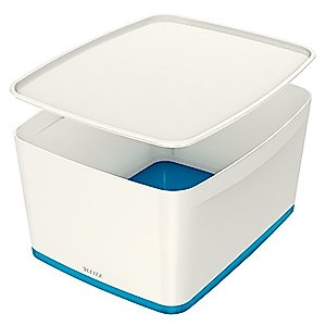 Leitz Large MyBox with Lid, Storage Box for Home and Office, High Gloss Plastic, 18 Litre, A4, White/Blue Metallic