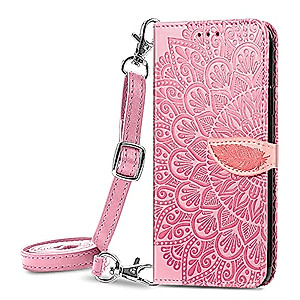 ONV Wallet Case for Oppo A57 5G 2022-1.5M Adjustable Strap Emboss Feather Flip Phone Case Card Slot Magnet Leather Shell Flip Stand Cover for Oppo A57 5G 2022 [MZY] -Pink