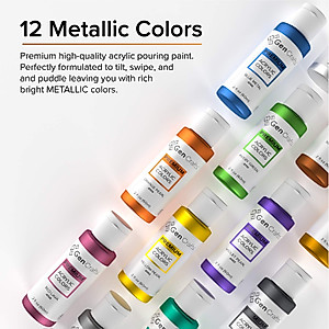 GenCrafts Metallic Acrylic Pouring Paint - Set of 12 Metallic Colors - Pre-Mixed High Flow & Ready to Pour - 2 oz./ 59 ml Bottles - Multi-purpose Paints for Canvas & Paper, Rocks, Wood and More