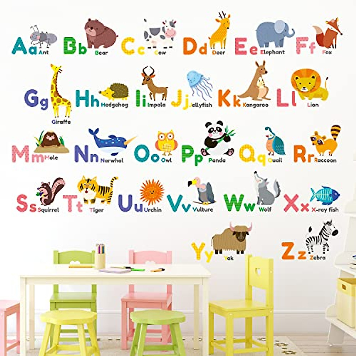 DECOWALL DS8-1614 Colourful Animal Alphabet ABC Kids Wall Stickers Wall Decals Peel and Stick Removable Wall Stickers for Kids Nursery Bedroom Living Room décor