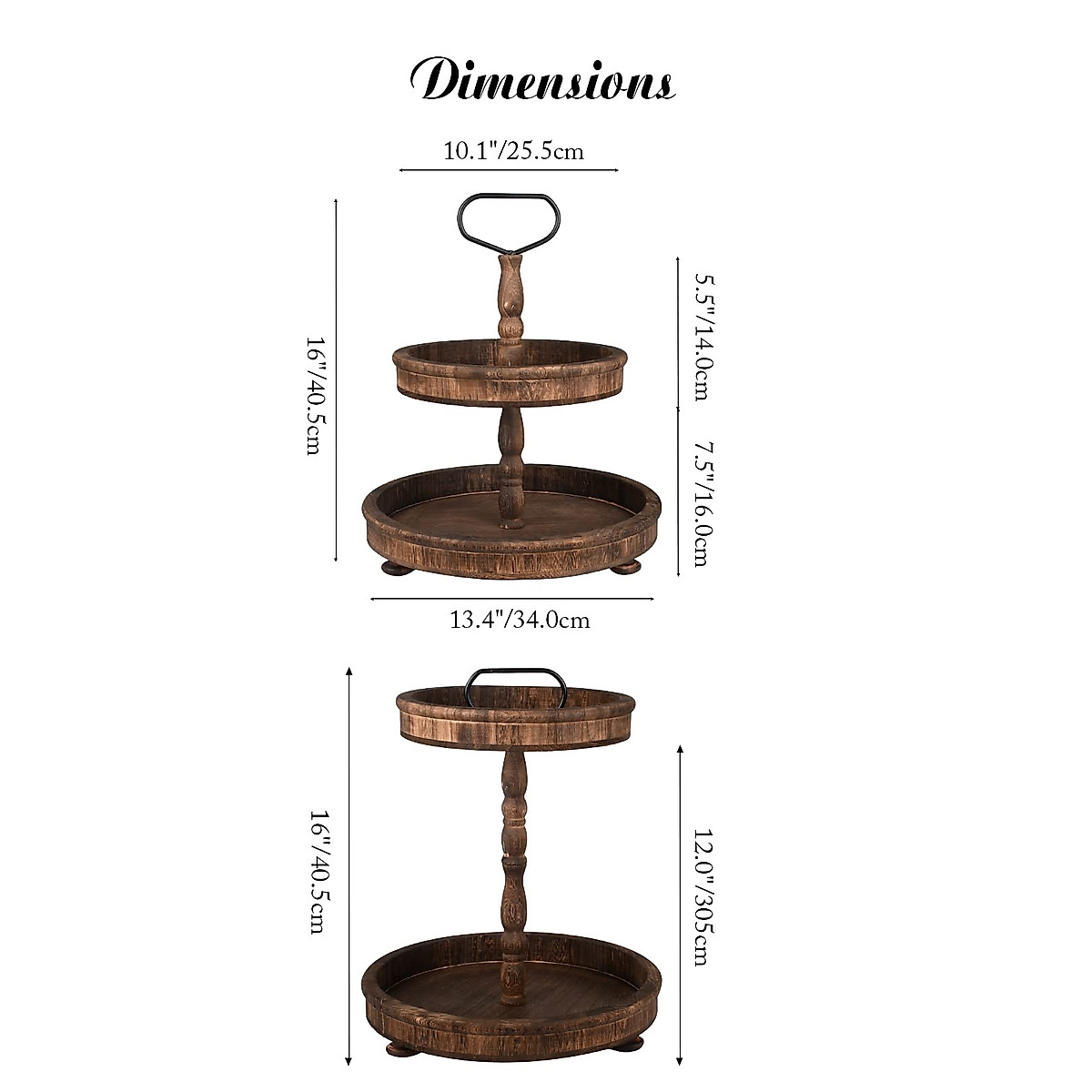 Tiered Tray Decor, Farmhouse Tiered Tray Round Brown Wooden Rustic Ornaments, Two Tiered Tray for Coffee Plate Cakes Dessert Fruit Platters