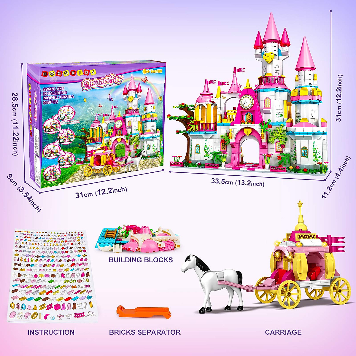 HOGOKIDS Girls Castle Princess Building Toys - Girl Dream House 5-in-1 Pink Castle & Carriage Playsets STEM Building Blocks Set Fantasy Gifts for Kids Age 6 7 8 9 10 11 12 Years Old (998 PCS)