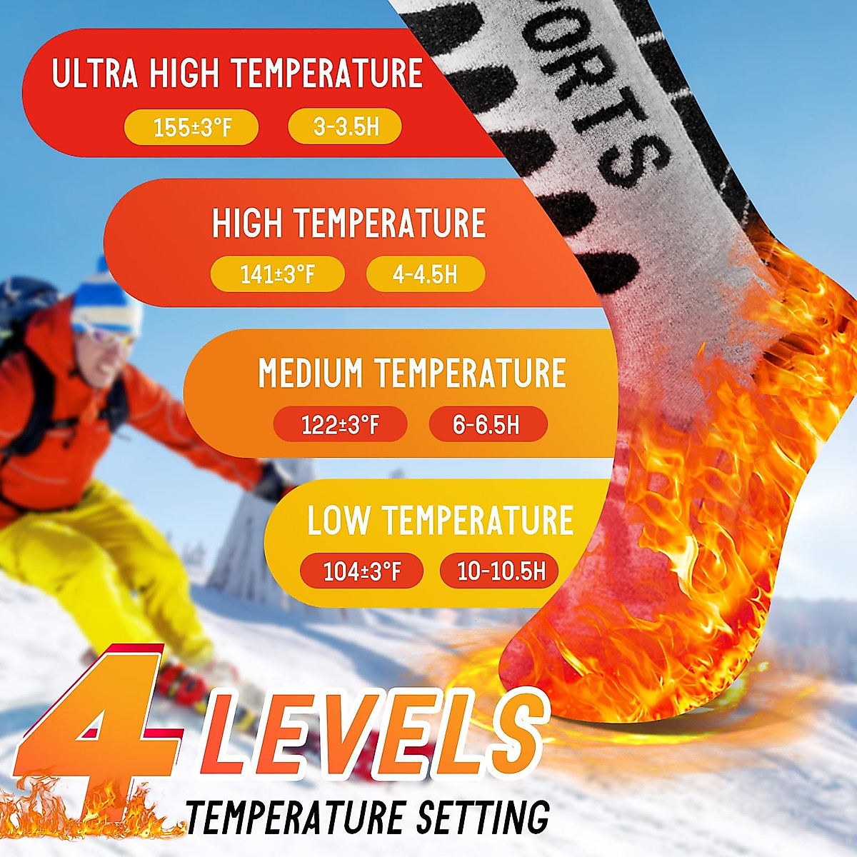 Heated Socks, Electric Heated Socks for Women Men, 4 Heat Settings Rechargeable Heating Socks with 360° Heating, Machine Washable Thermal Electric Socks Unisex Foot Warmer for Hunting Skiing Camping