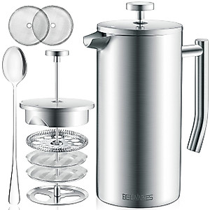 Belwares French Press Coffee Maker 50 Oz – Insulated Coffee Press Stainless Steel 304 Large – Coffee Spoon, Double Wall, & 4 Level Filtration System (1.5 Liter) – Silver
