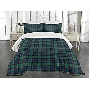 Ambesonne Tartan Bedspread, Traditional Quilt Design Scottish Folklore Elements Plaid Pattern, Decorative Quilted 3 Piece Coverlet Set with 2 Pillow Shams, King Size, Green Black