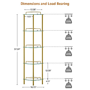 FAVOOSTY 5-Tier Corner Shelf Stand, Gold Corner Bookshelf, Bathroom Organizer, Plant Stand, Tempered Glass Shelves, Modern Style for Living Room, Bedroom, Kitchen, Home Office, Metallic Gold