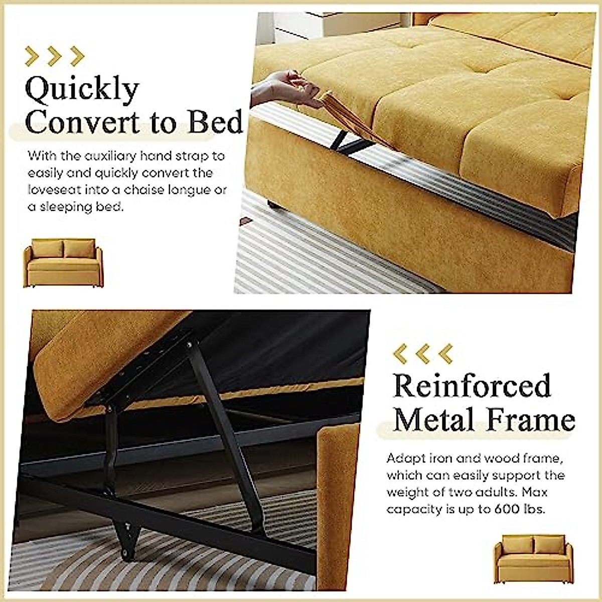 Antetek 3 in 1 Convertible Sleeper Sofa Bed, Modern Chenille Loveseat Futon Sofa Couch w/Pullout Bed, Reclining Backrest, Adjustable Arm, Pillows, Small Love Seat Lounge Sofa for Living Room, Yellow
