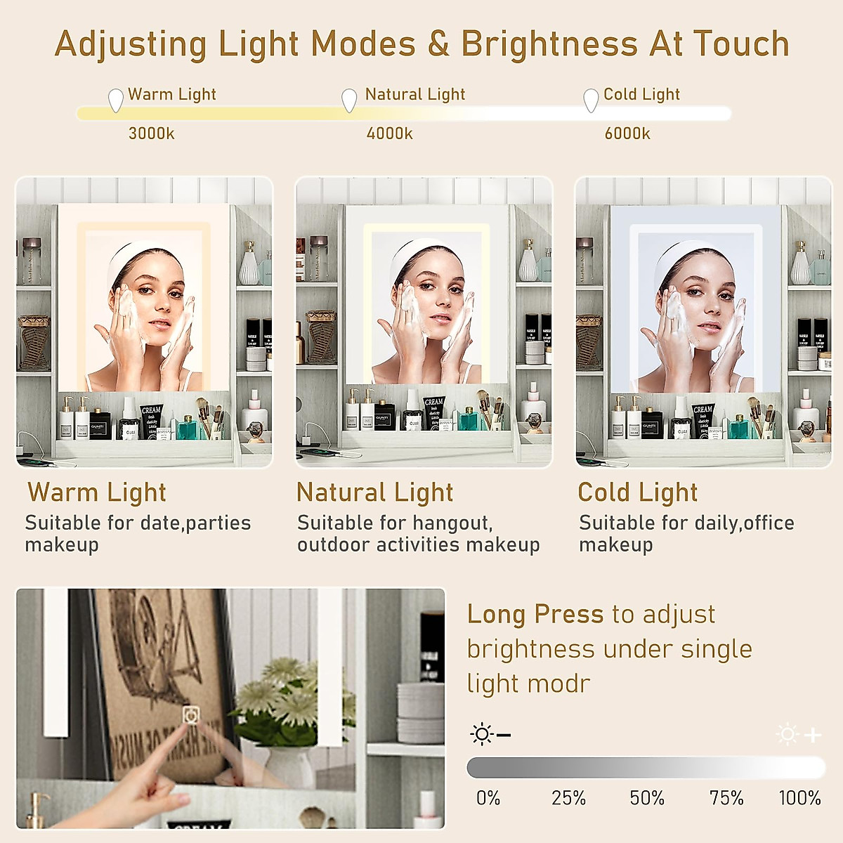 jiteentarou Farmhouse Vanity Desk w/Outlet & Stool, 11 Storage Shelves 3 Drawers 2 Big Cabinets, 43" White Vanity Table Make up Desk w/Mirror and Lights, Rustic LED Vanity Set for Women, Girls