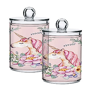 Kigai Unicorn Flower Pink Qtip Holder Dispenser - 14OZ Clear Plastic Apothecary Jars Food Storage Jar with Lids Bathroom Canister Organizer for Coffee, Tea, Candy, Floss (2Pack)