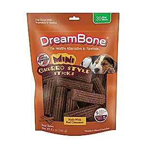 DreamBone Churro-Style Mini Sticks 30 Count, Made with Real Cinnamon, Rawhide-Free Chews for Dogs