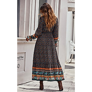 PRETTYGARDEN Long Sleeve Dress for Women - V-Neck Casual Boho Floral Vintage Fall Long Maxi Dresses (Black,X-Large)