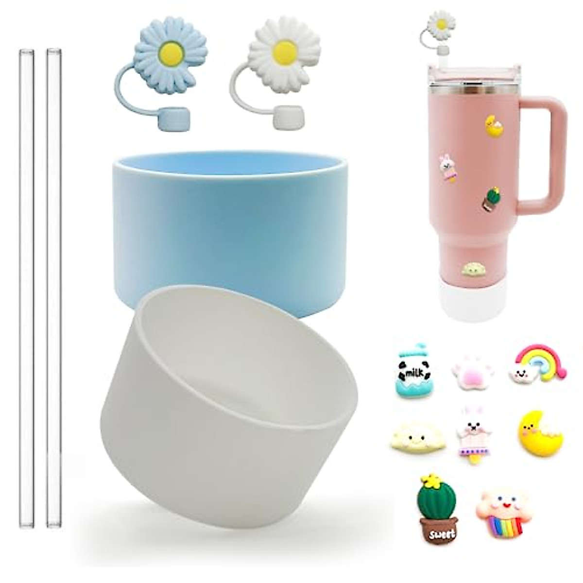 Bougimal Straw Cover Fit for Stanley Quencher H2.0 40 oz 30 oz Tumbler with Handle & Stanley IceFlow 20oz 30oz, Rainbow Sticker, Protective Silicone Cup Boots Reusable, Stanley Cup Accessories, Blue