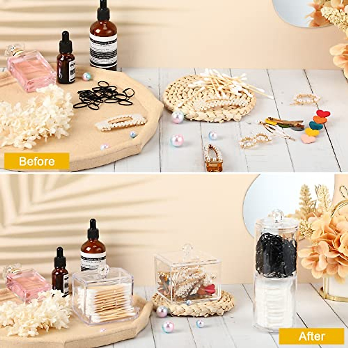 4 Pcs Cotton Swab Holder Dispenser Plastic Apothecary Jar Set Square Bathroom Organizer Floss Picks Container Bathroom Canisters Vanity Makeup Organizer with Lid for Cotton Round Pads Storage