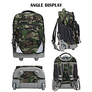 WEISHENGDA 18 inches Wheeled Rolling Backpack for Adults and School Students Short Trip Books Laptop Trolley Bags, Green Camo