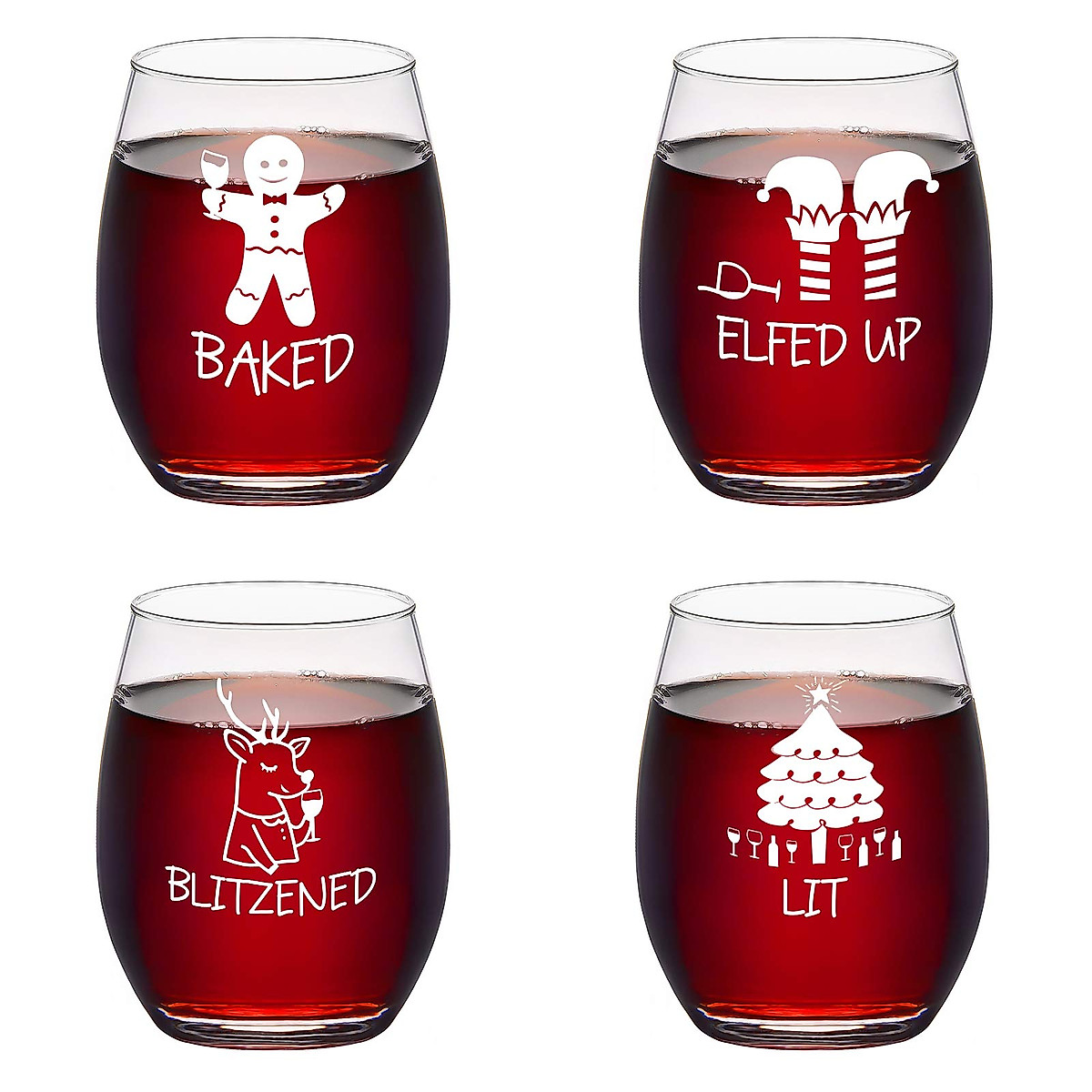 Set of 4 Christmas Stemless Wine Glass - Funny Christmas Themed Wine Glass for Holiday Party Decorative - Unique Christmas Gifts for Family Friends Coworkers or Daily Use 15 Oz