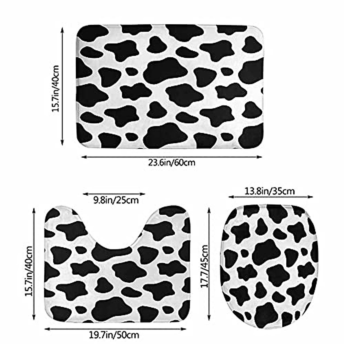 AOYEGO Black and White Cow Pattern 3 Pieces Bathroom Rugs Set Spots Farm Milk Animal Skin Camouflage Non Slip 23.6X15.7 Inch Soft Absorbent Polyester for Tub Shower Toilet