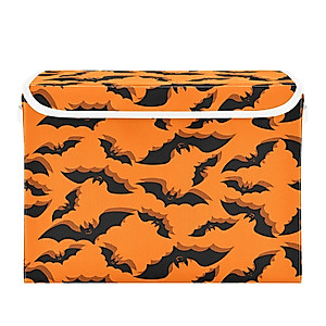 Storage Bins with Lid Silhouettes Of Black Bats Toys Fabric Storage Basket Large Collapsible Organizers Bedroom Halloween Orange Storage Boxes Cubes and Handles for Clothes Office Shelves