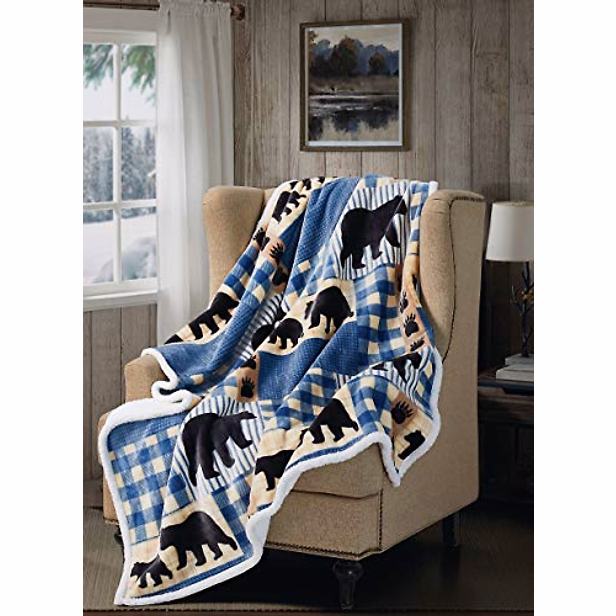 Virah Bella Cabin Flannel Sherpa Throw Blanket for Couch - 50" x 60" - Black Bear Plaid Flannel Blanket