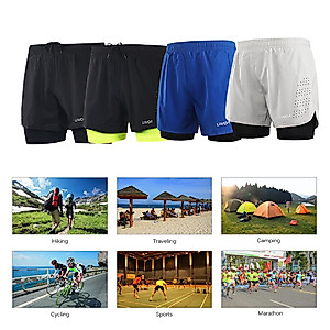 LIXADA Men's 2-in-1 Running Shorts Quick Drying Breathable Active Training Exercise Jogging Cycling Shorts with Longer Liner & Reflective Elements, Black/Blue/Green/Grey (Dark Blue, S)