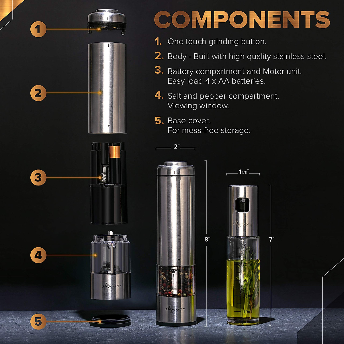 Electric Salt and Pepper Grinder Set | Stainless Steel Battery Operated Mill with Light | Pack with Oil Sprayer, Silicone Funnel, Cleaning Brush, and eBook | Adjustable Coarseness | Ceramic Grinders