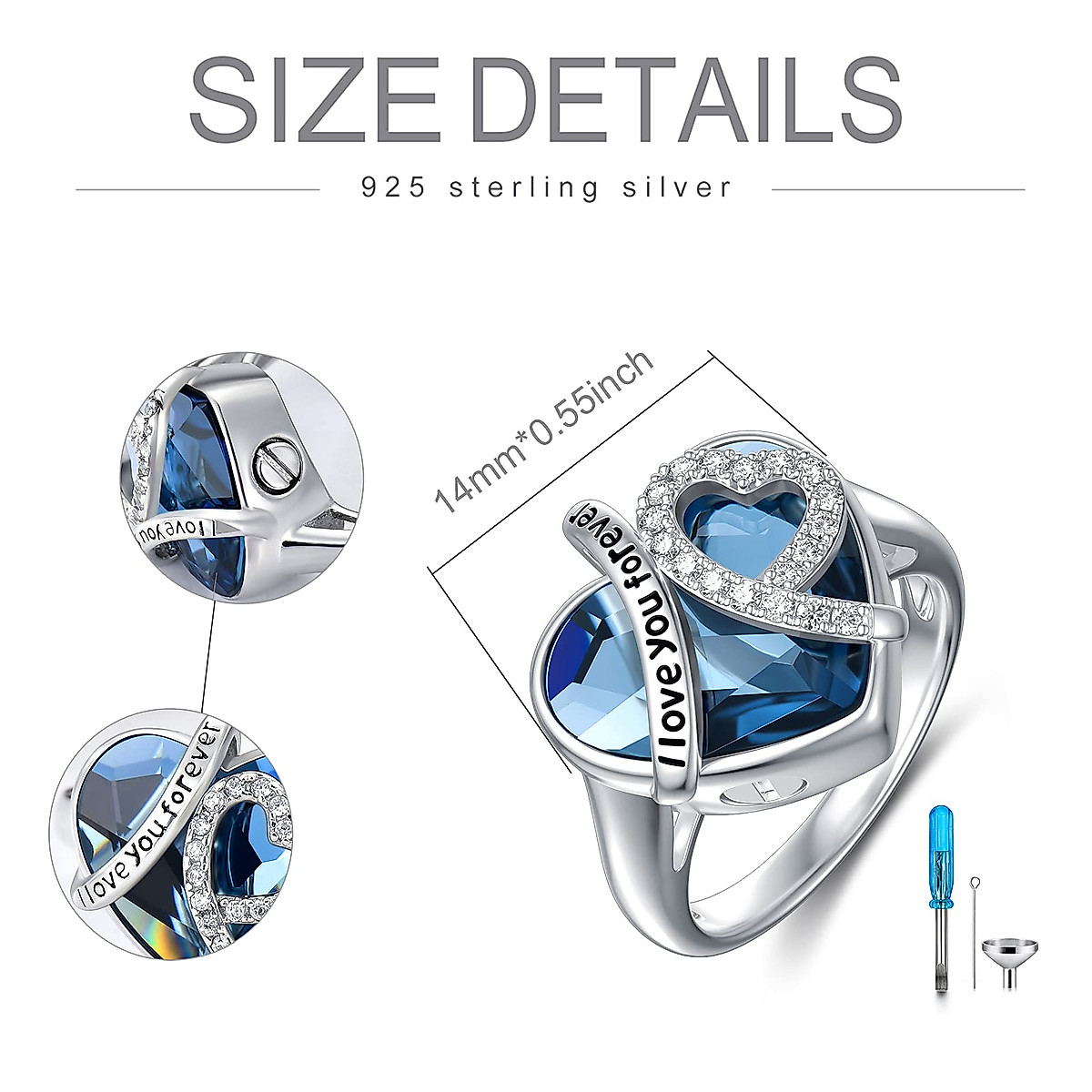 AOBOCO 925 Sterling Silver I LOVE YOU FOREVER Heart Cremation Ring Holds Loved One's Ashes, Heart Urn Ring for Ashes for Women, Memorial Keepsake Ring Embellished with Crystals from Austria-8