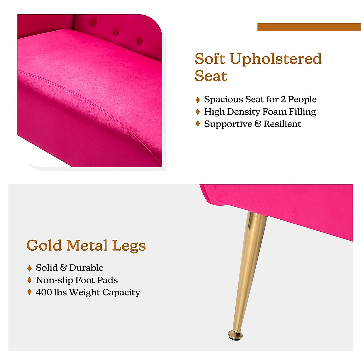 HULALA HOME Velvet Loveseat Sofa with Wingback & Gold Legs, Modern Button-Tufted 2-Seater Sofa for Living Room Bedroom, Comfy Upholstered Small Love Seat Couch, Fushia