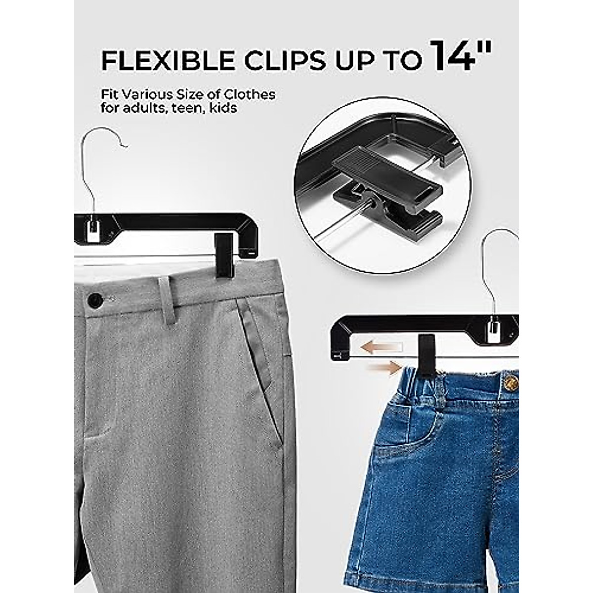 SMARTOR Pant Hangers & Skirt Hangers - Clips Hangers for Shorts, Shirts, Jeans, Dresses, Slacks, Coats, Clothes - Durable, Black Pant Hangers, Plastic Pant Hangers with Clips, Space Saving - 10 Pack