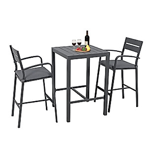 Soleil Jardin Aluminum Outdoor Bar Set, 3-Piece Outdoor Bar Height Table and Chairs Set, Counter Height Bar Stools with Cushions & Slatted High Top Bar Table for Patios, Backyard, Poolside, Dark Grey