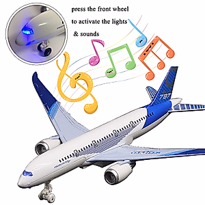 OTONOPI Airplane Toys Bump and Go Airlines Die Cast Metal Model Plane Toy with Lights and Sounds for Kids Blue