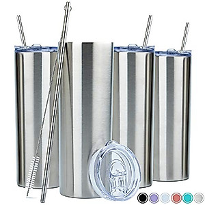 STRATA CUPS Skinny Tumblers with Lids and Straws (4 Pack) - 20 oz Double Wall Insulated Slim Stainless Steel Silver Tumblers with Straw Cleaner | Reusable Travel Mug for Hot and Cold Beverages