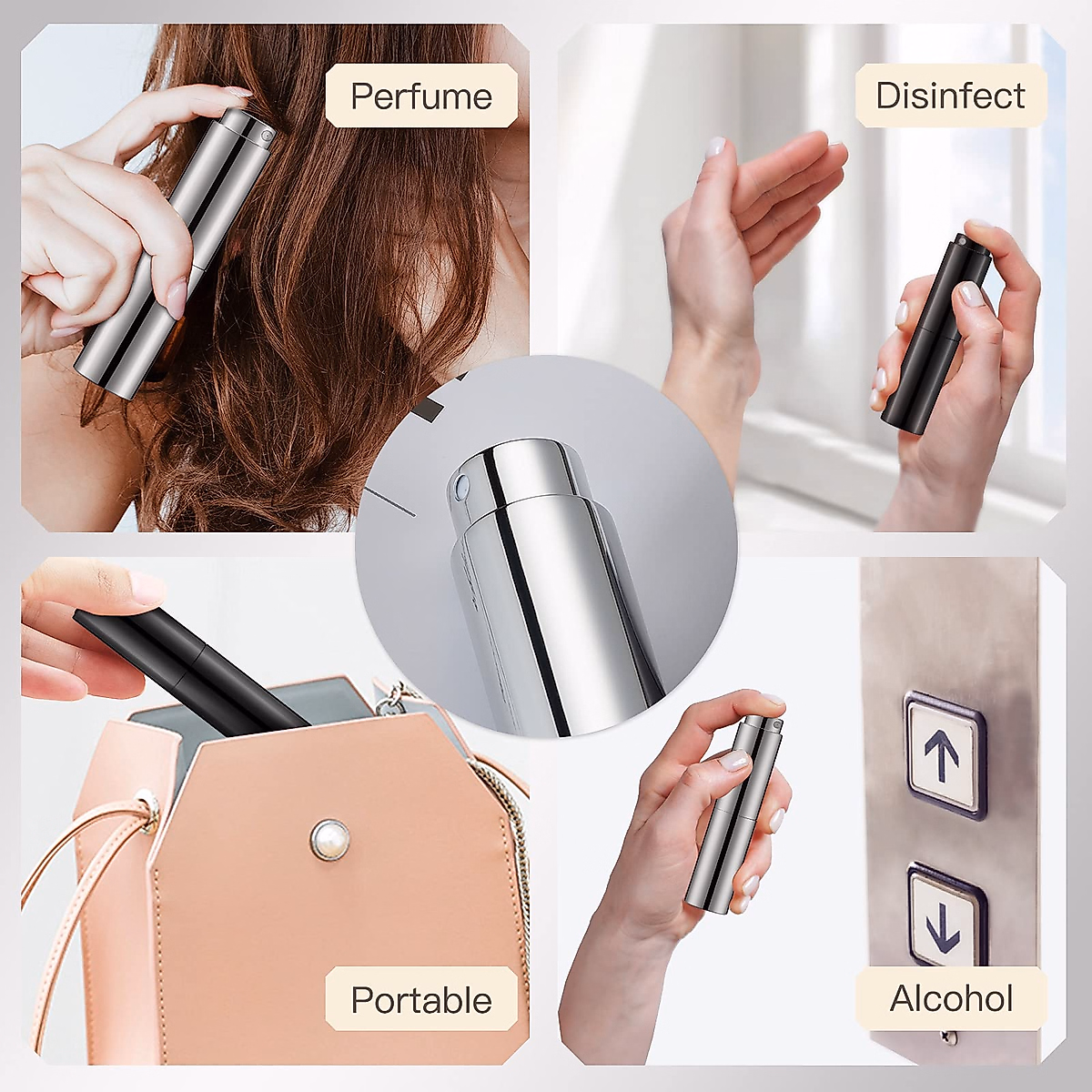 LISAPACK 8ML Atomizer Perfume Spray Bottle for Travel (2 Pack), Empty Cologne Dispenser, Portable Sprayer (Glossy Black&Silver)