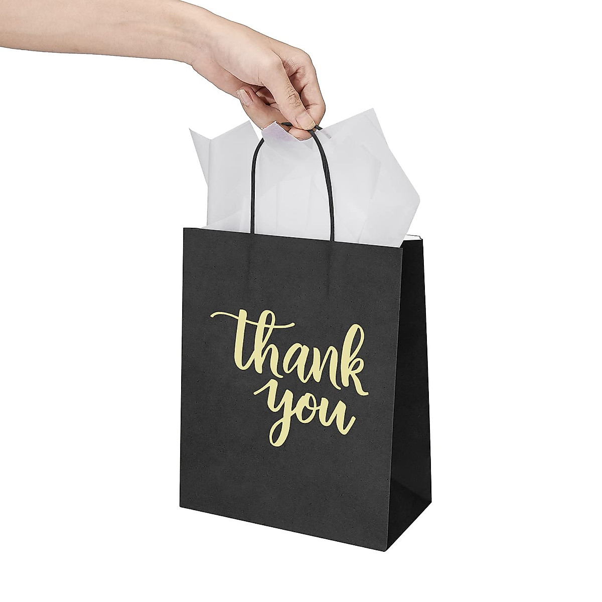 DjinnGlory 50 Pack Medium Black Thank You Paper Bags with Handles and 24 Sheet White Tissue Paper for Small Business, Shopping, Wedding, Baby Shower, Party Favors (Medium 10''x8''x4'', Black)