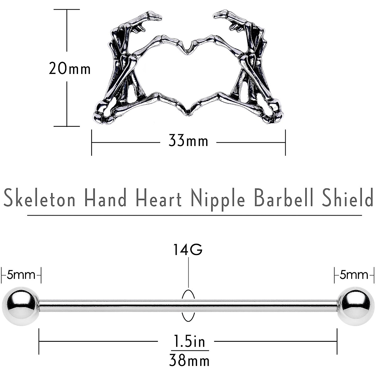 Body Candy Nipplerings Piercing Women 14G 1 1/2" Stainless Steel Skeleton Heart 2Pc Dangle Nipple Ring Set 38mm